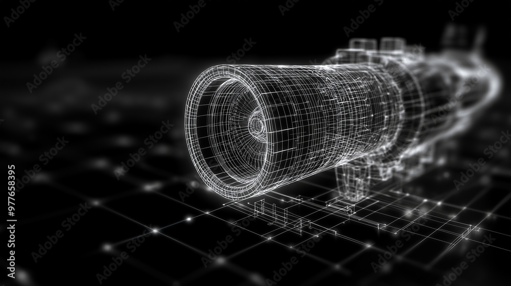 An orthographic view of a jet engine in wireframe, with outer casing ...