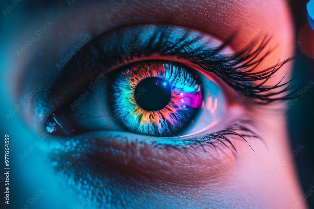 Electric blue eye with red highlights glowing in a neon environment ...