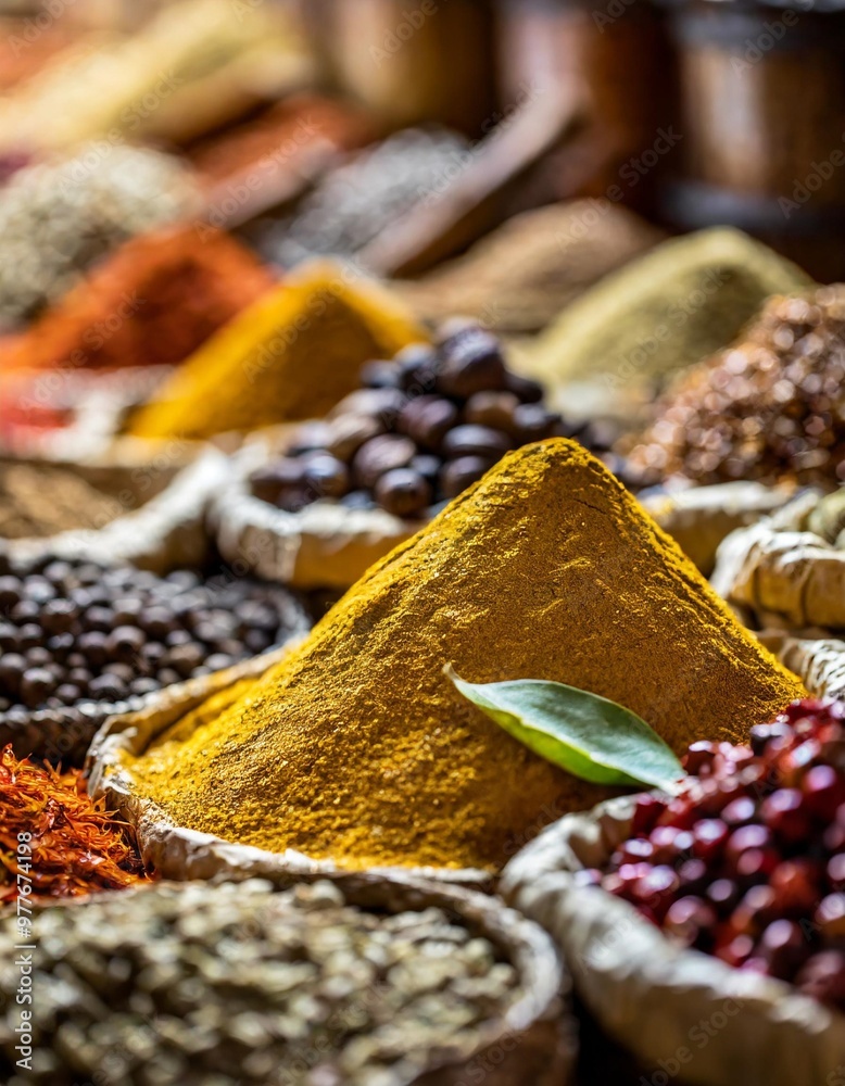 Exotic spice markets with depth of field featuring an array of spices ...