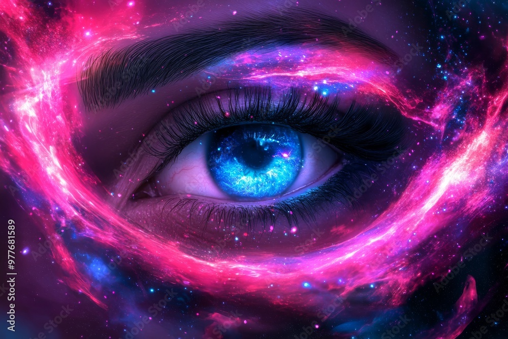 Futuristic blue eye with a vibrant pink nebula surrounding it ...