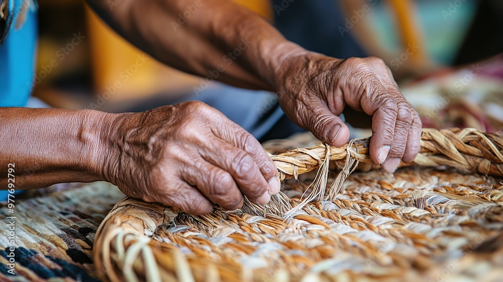 Indigenous artisans crafting traditional goods, handwoven fabrics ...