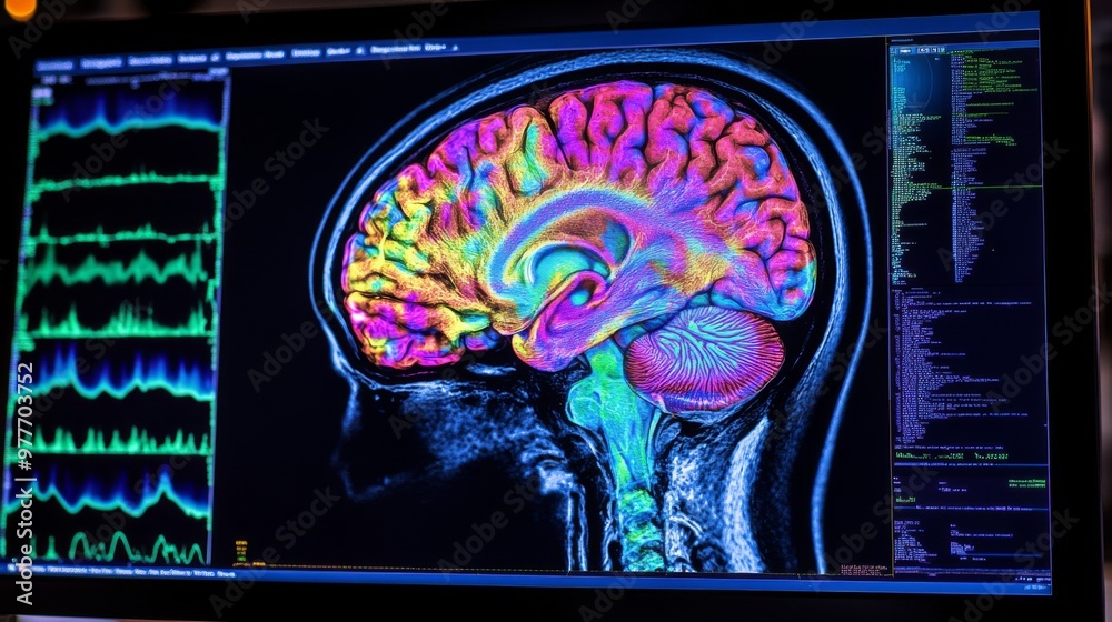 A high-resolution image of a human brain scan on a computer screen, showing detailed MRI or CT ...
