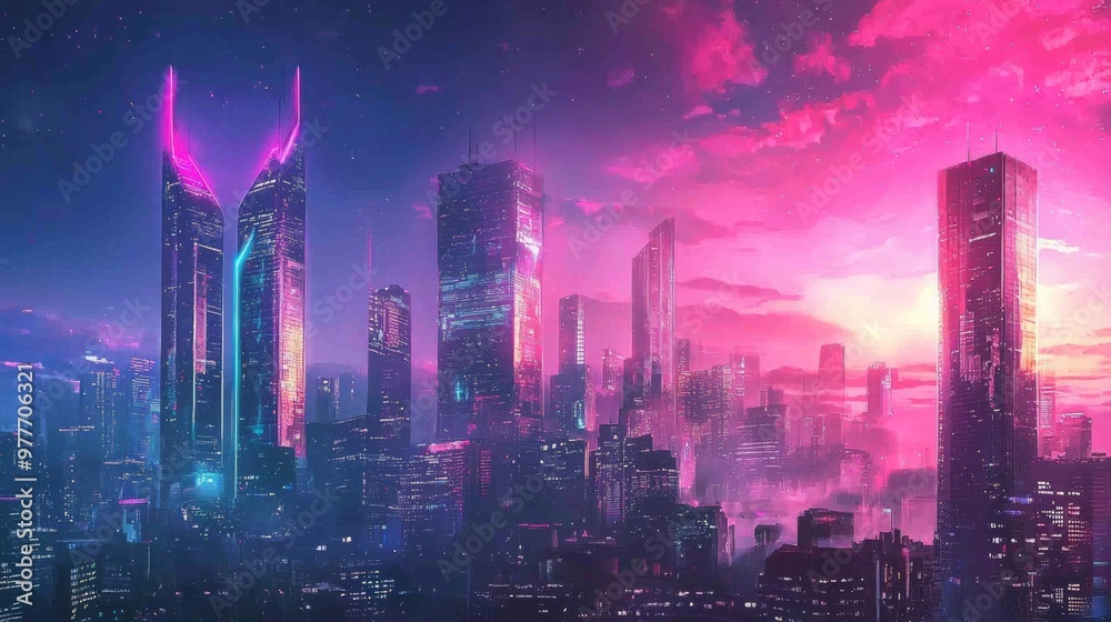 Cyberpunk City Skyline at Sunset Stock Illustration | Adobe Stock