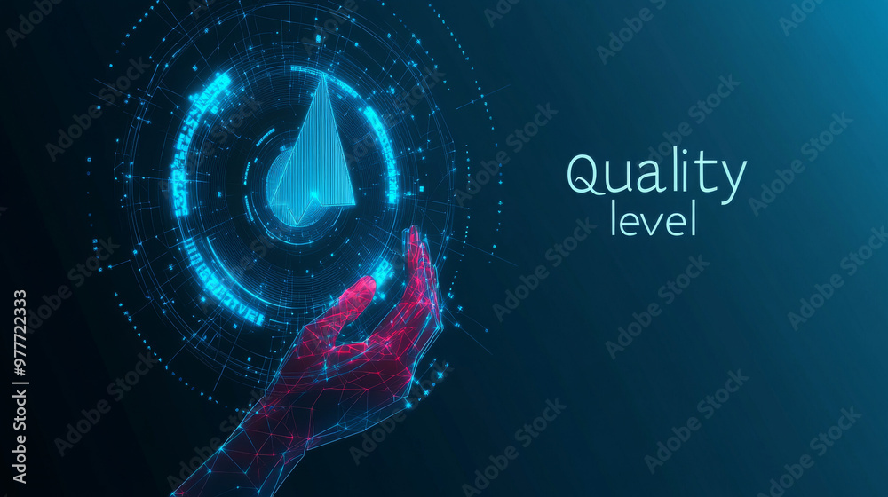 Quality levels dial control. Wireframe hand adjusting a quality level ...