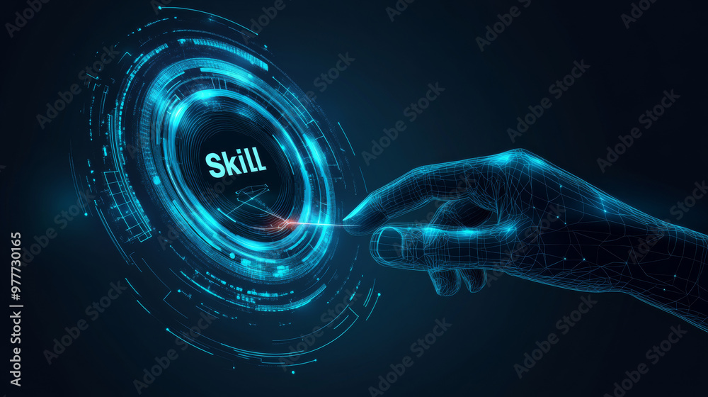 Proficiency levels dial control. Enhancing Skill Levels. Wireframe hand ...