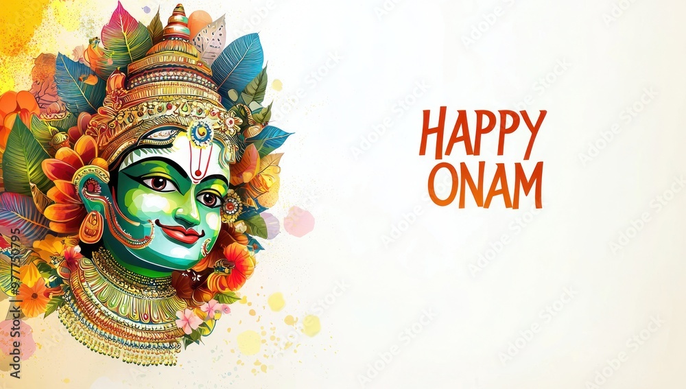 Vector illustration of the happy Onam festival with a Kathakali mask in ...