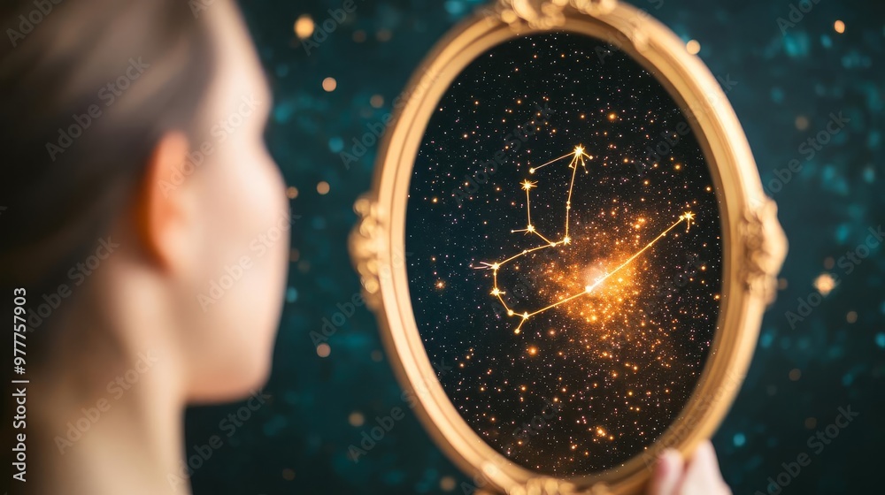 Person gazing into a mirror that reflects a zodiac constellation, self ...