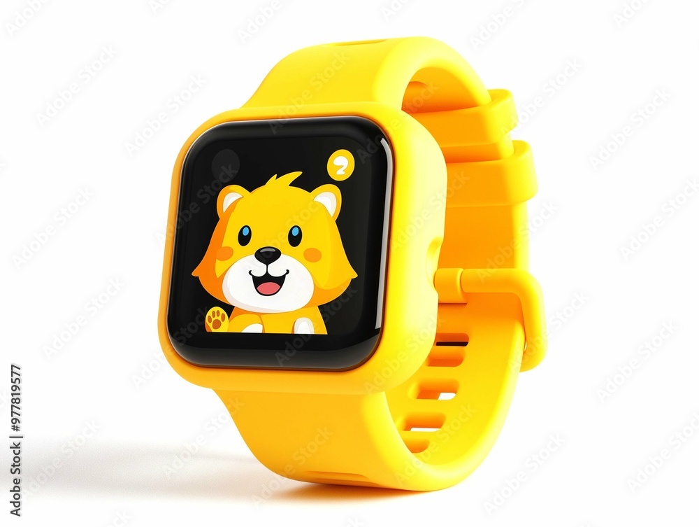 kids yellow smartwatch with tiger cub display on white background ...