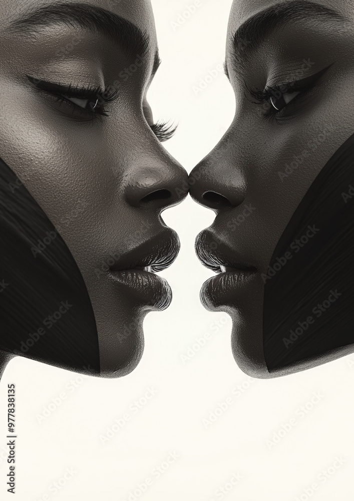 Surreal digital artwork depicting two faces in close proximity, one ...