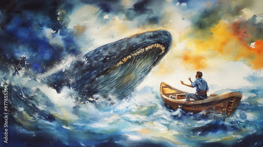 watercolor illustration of Jonah and whale Stock Illustration | Adobe Stock