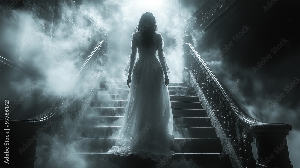 Ghostly woman on the stairs, shrouded in fog and mist, wearing a long ...