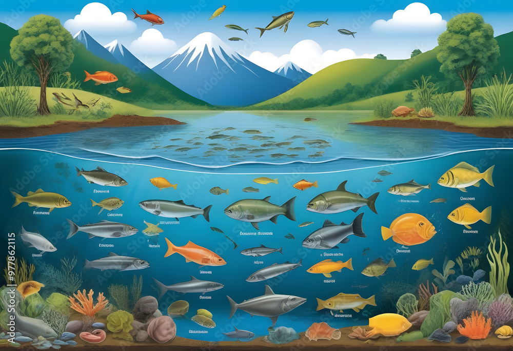Food Chain in Aquatic Ecosystem with fish Stock Illustration | Adobe Stock
