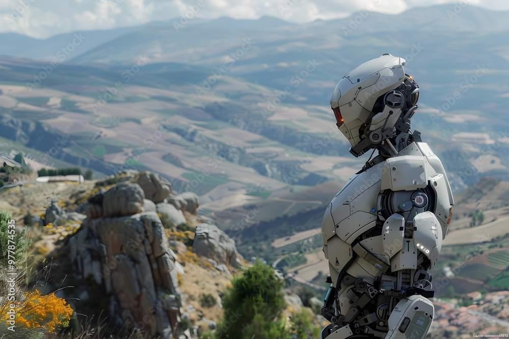 Humanoid Robot Enjoying Fantastic View After Finishing Uphill Mountain Track, bike, ai ...