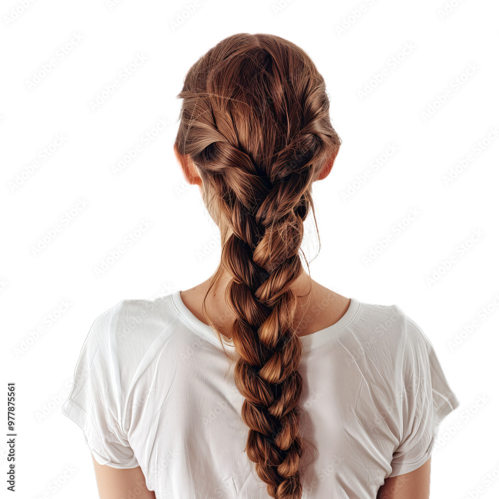 Young woman with long brown hair styled in a braid is posing on a white ...
