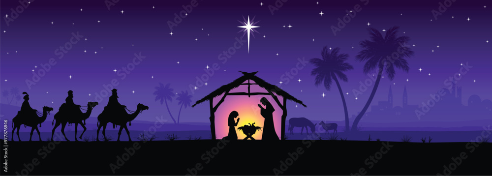 classic christmas nativity birth of jesus christ in stable with 3 wise ...