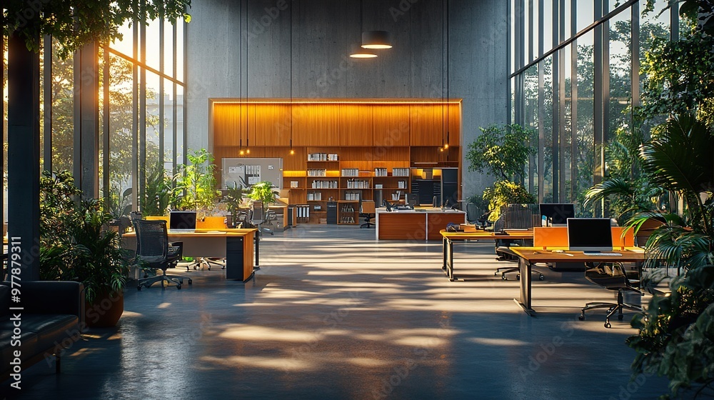Elegant open concept office with modern design and aesthetic features ...