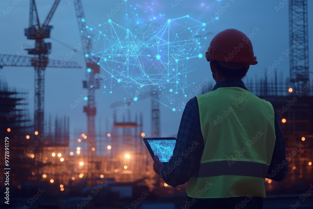 Construction worker with ipad in front of holographic network at active ...