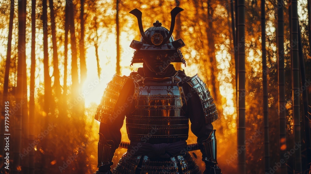 A focused samurai warrior in traditional armor stands in front of a ...
