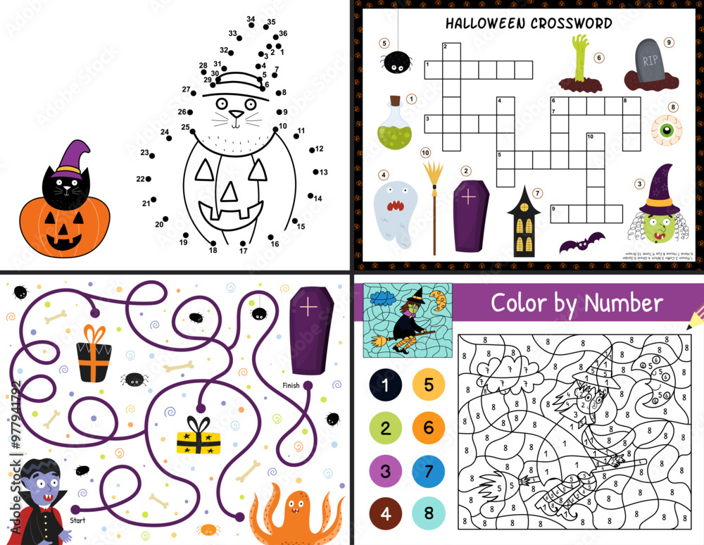 Halloween activity pages set for kids. Funny games collection in US ...