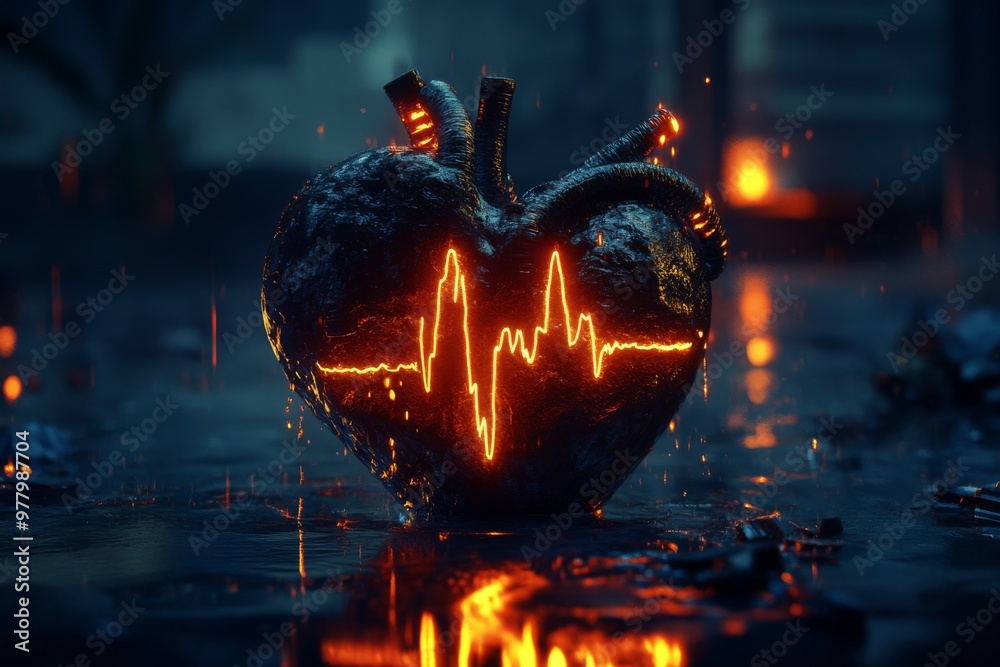 Burnt Metallic Heart with Cardiogram Line on Reflective Surface ...