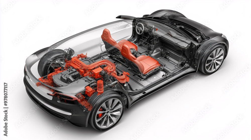 3D cutaway car model shows visible engine, internal structure, and ...