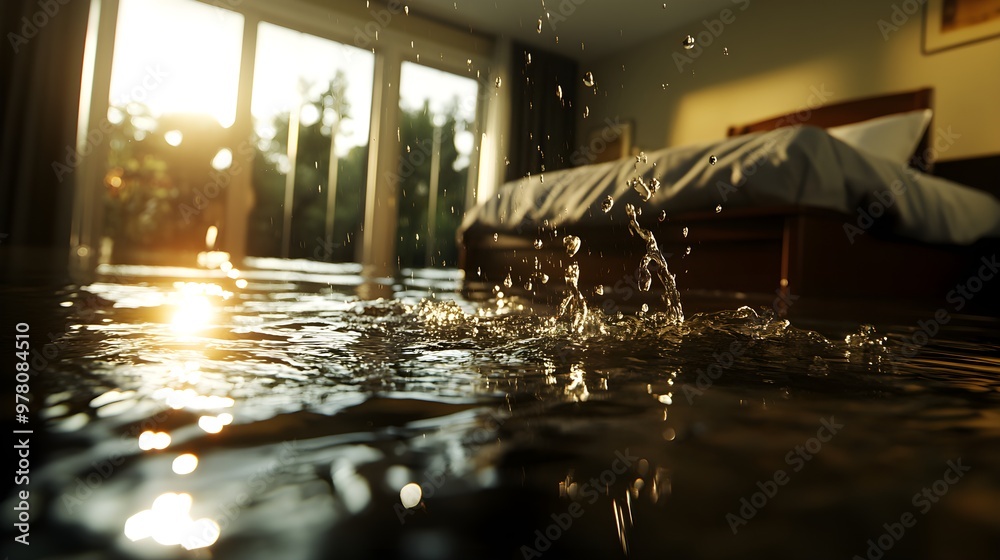Illustration Stock Interior of a flooded bedroom, ceiling dripping with water, walls showing ...