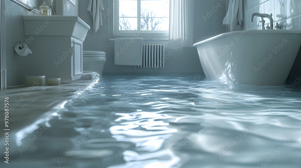 Flooded bathroom scene with water spilling from a burst pipe under the ...