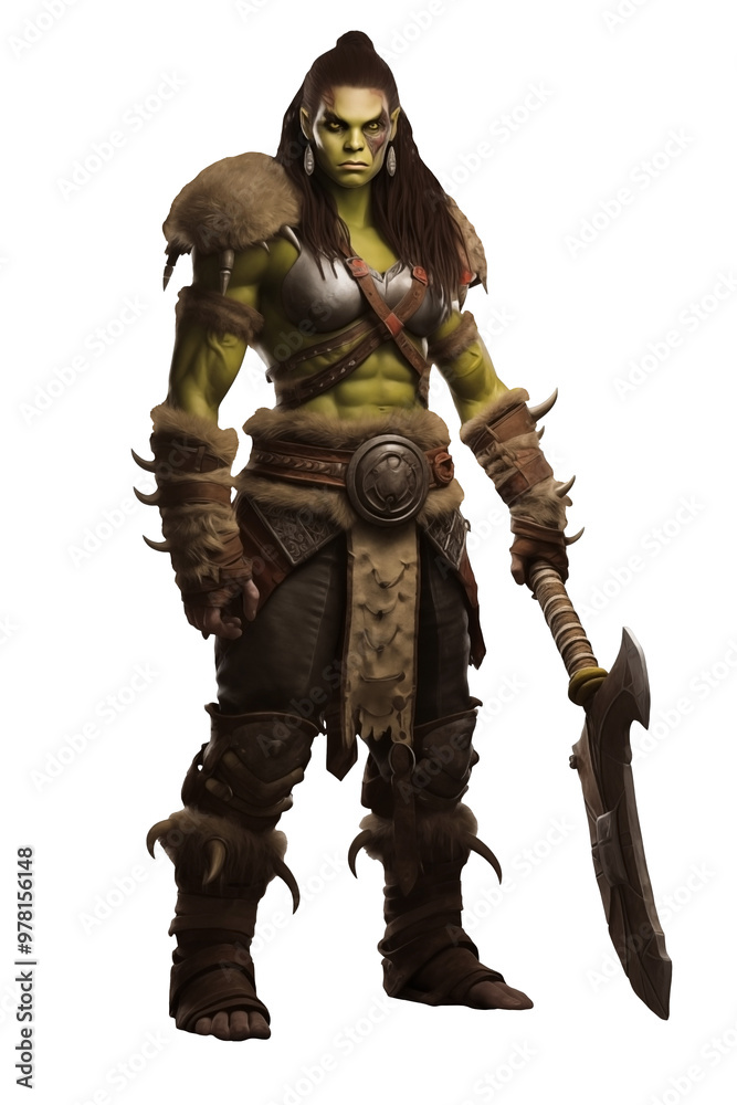 Full Body Front View To a Fierce Goblin Femalewarrior in battle armor ...
