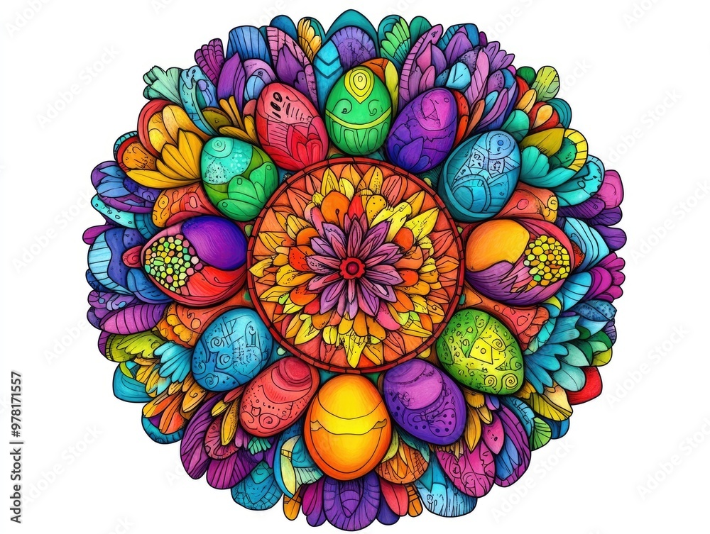 Fantasy 2D cartoon illustration of a mandala featuring chickens and ...