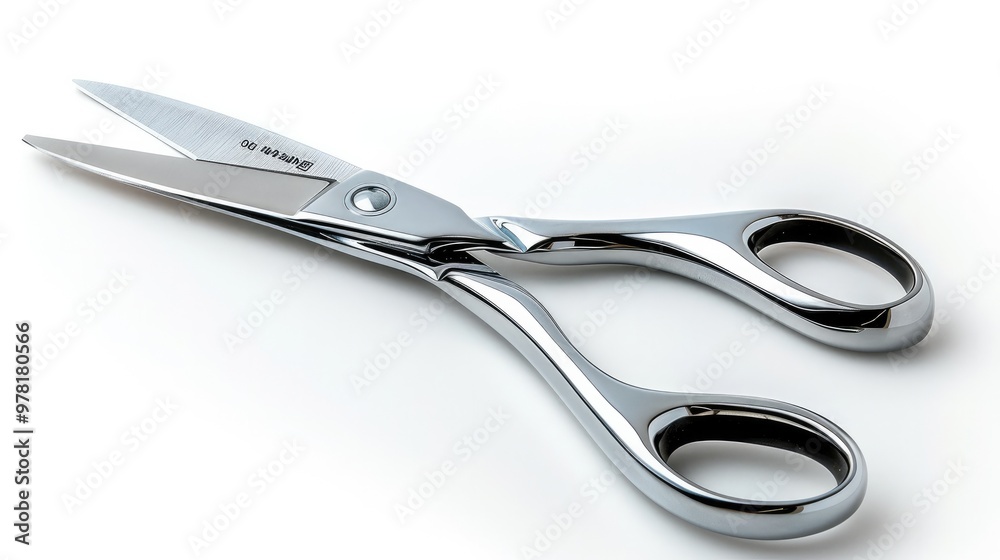 Shiny silver scissors against a clean white background with a precise ...