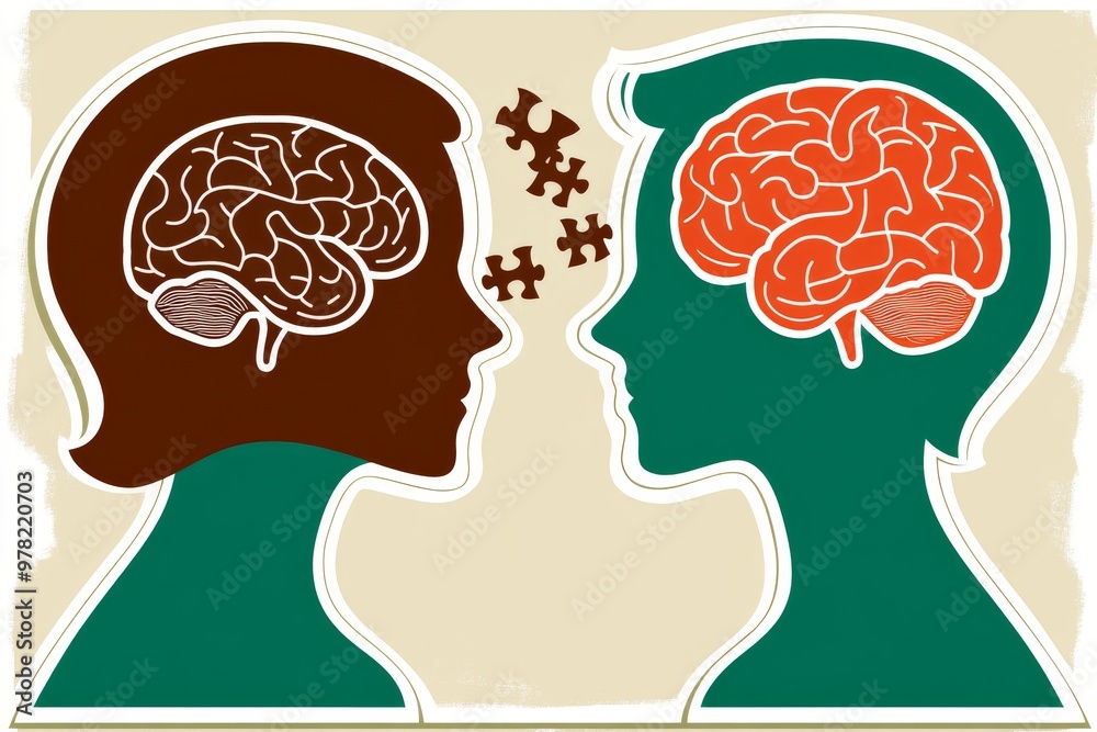 Minimalistic profile illustrations of two people with brains formed ...