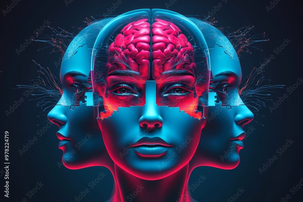 Digital artwork of a futuristic woman with a red glowing brain and ...