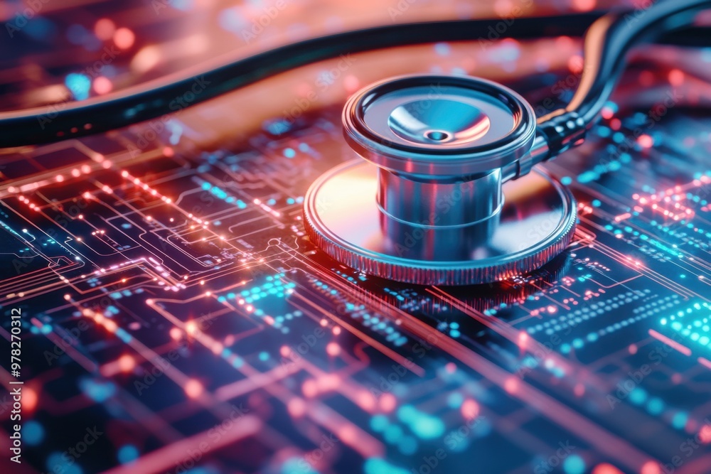 Stethoscope on a digital circuit background, symbolizing advanced ...