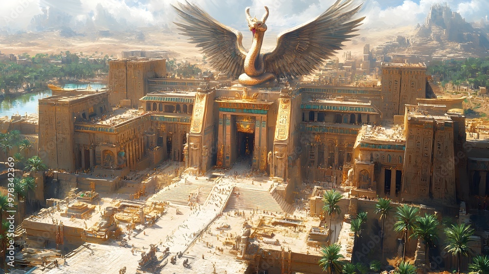 Pharaoh's Grand Palace Guarded by Towering Winged Serpent in Opulent ...