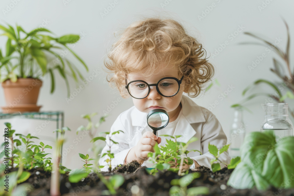 Curious toddler exploring science with magnifying glass and plants ...