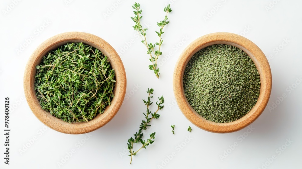 1. Top view of fresh thyme leaves and finely ground dried thyme powder ...