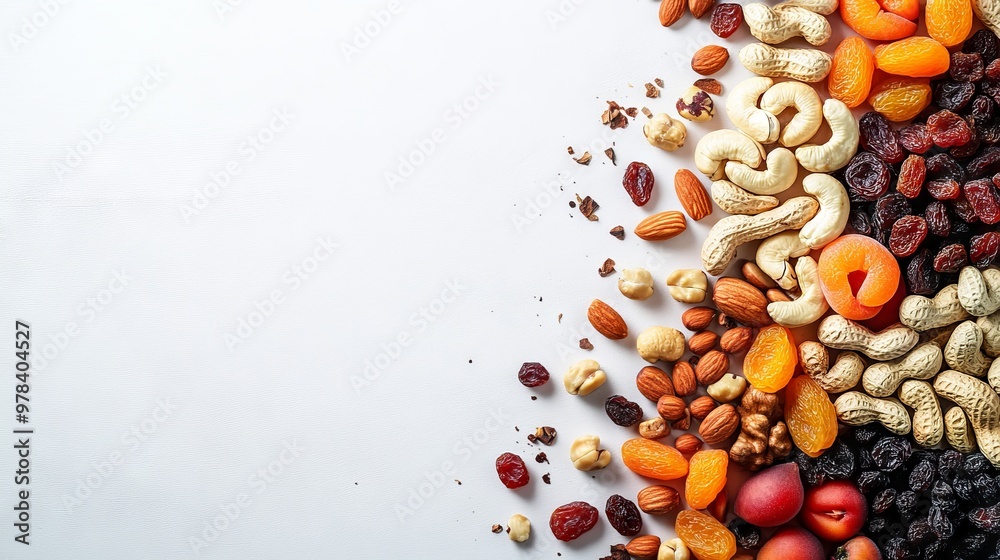 46. Top view of a variety of dried fruits and nuts, including cashews ...