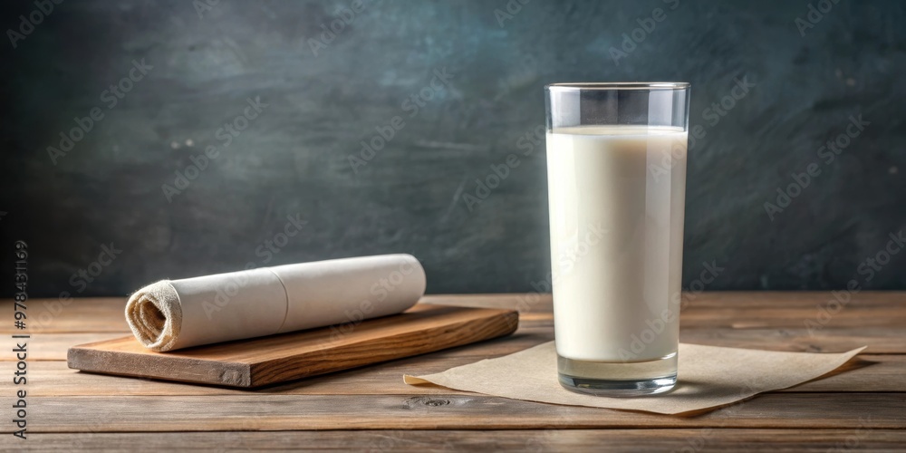 Glass of kefir on table with paper tube, kefir, healthy drink ...