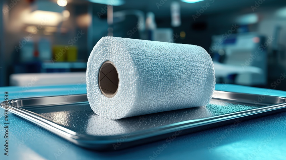 A roll of white medical gauze on a stainless steel tray in a sterile ...