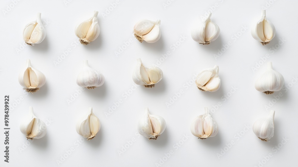 147. Flat lay of garlic cloves arranged on a white background, with ...
