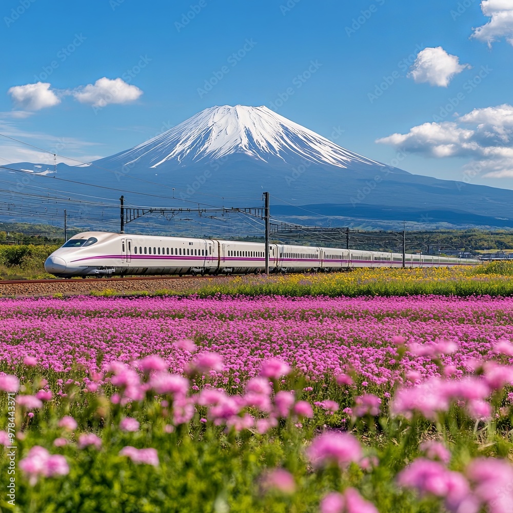 Shinkansen JR Bullet train go through Mt. Fuji and pink alpine milk ...