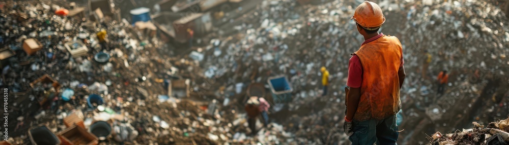 Worker in orange safety vest and helmet observing a large landfill ...