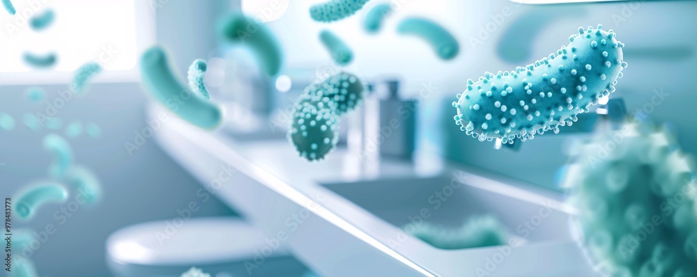 Depiction of bacteria and germs on a shared bathroom mirror ...