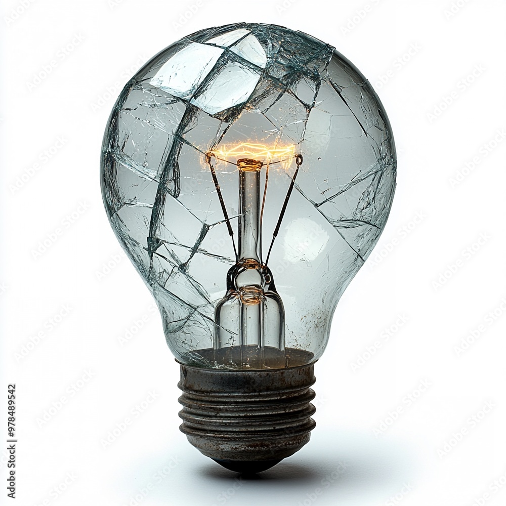 Shattered Brilliance: A vintage light bulb, its glass fractured yet ...