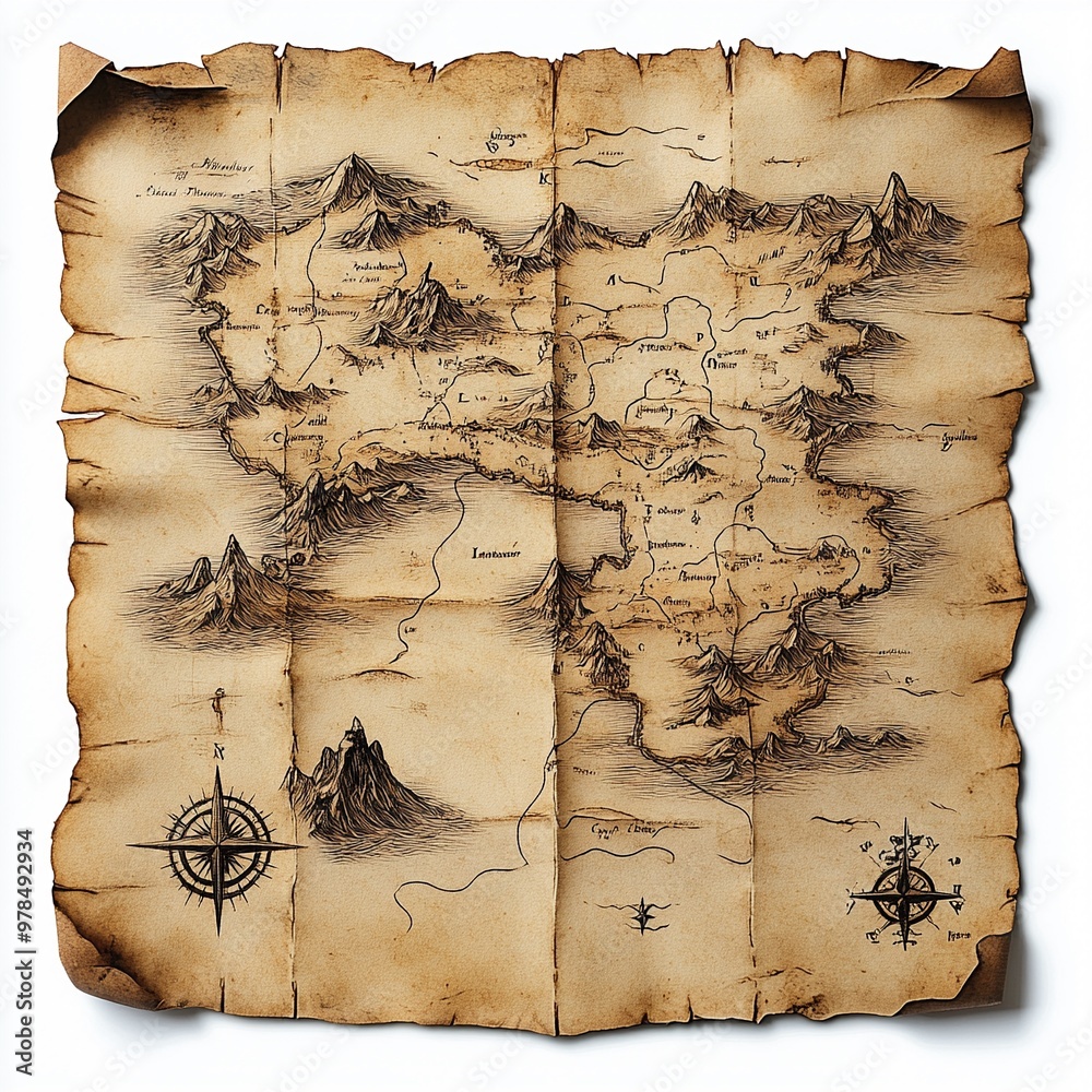 Ancient Treasure Map: A weathered, hand-drawn parchment map with a ...
