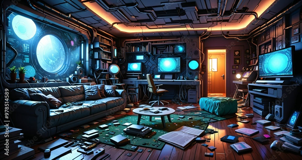 messy living room in futuristic sci fi house home in the woodland ...