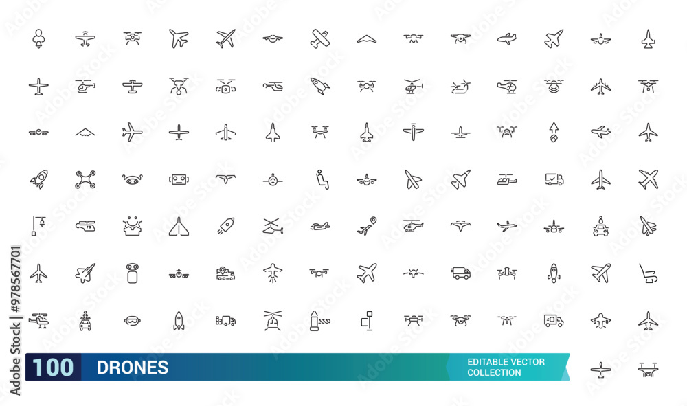 Drones icon collection. Aviation icon set. Airplane icons pack. Thin ...