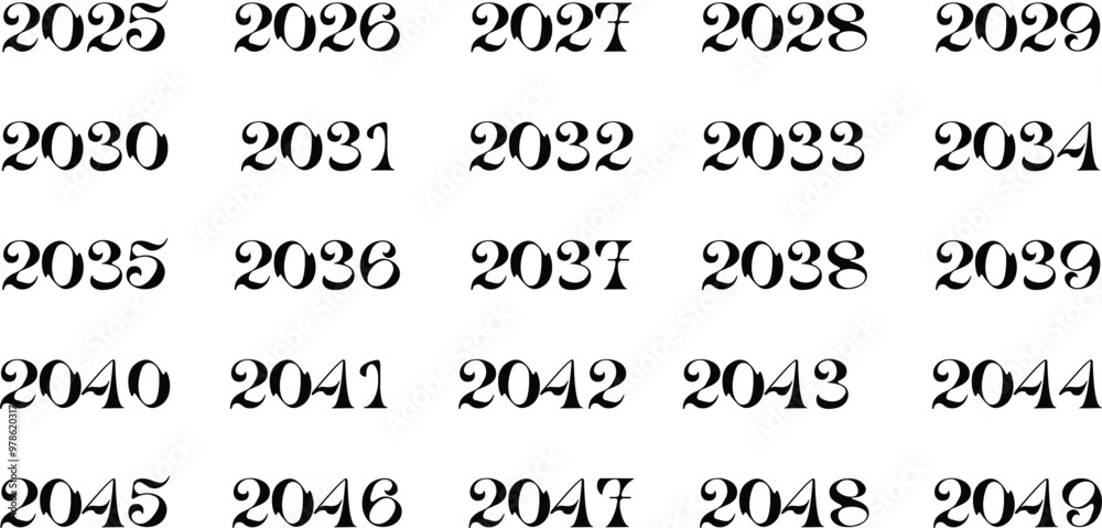 2025 2026 2027 2028 2029 2030 New Year dates with minimalist design ...