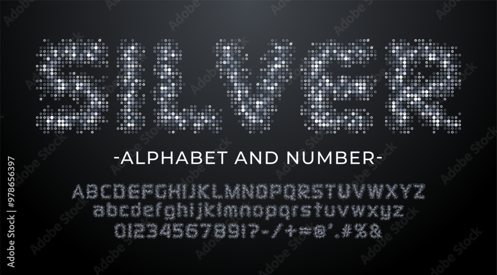 Silver font made of silver glittering dots. Sparkling metallic Alphabet ...
