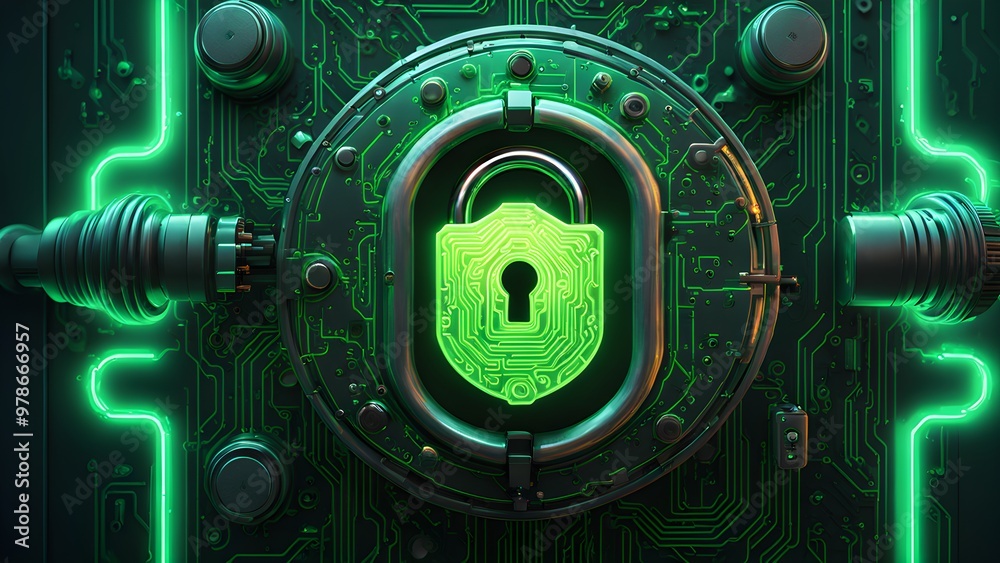 A glowing green padlock sits in a circular opening on a futuristic ...